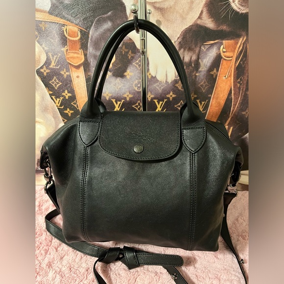Longchamp | Bags | Longchamp Le Pliage Cuir Small Black All Leather Top ...